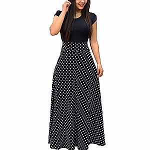 Aublary Womens Short Sleeve Floral Print Maxi Dress Round Neck Casual Tunic Long Maxi Dress, Polka Dots M