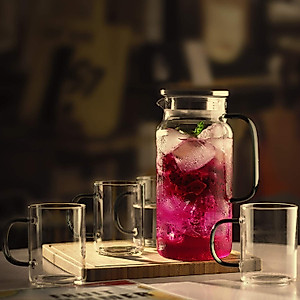 LUXU 42oz Glass Pitcher Set,Contain a 42oz Glass Pitcher and 4 coffee mugs with Dark Green Handle,Premium Kettle set for Daily Use,Pretty Teapot Idea For Tea Lovers