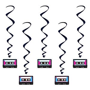 Beistle 5 Piece 80's Theme Cassette Tape Decorations Hanging Whirls Spirals for 1980's Party Supplies, 39", Multicolor