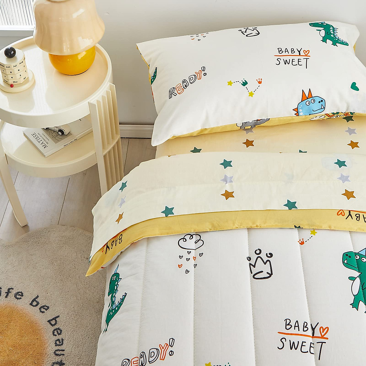 Cotton 4 Pieces Floral Toddler Bedding Set 4 pc Pink Flowers Toddler Bed Set with Includes Adorable Quilted White Comforter,Pink Plaid Fitted Sheet, Top Sheet, and Pillow Case