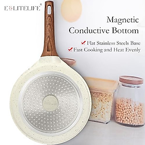 ESLITE LIFE Crepe Pan with Spreader, Nonstick Ceramic Coating Flat Skillet Tawa Dosa Tortilla Pan, PFOA Free (White, 3 Pcs Set:9.5"+11" w/spreader)