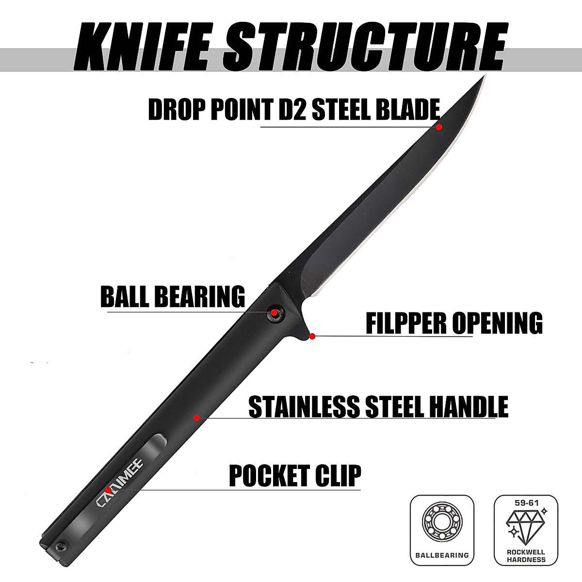 Carimee Slim Pocket Knife 3.5", Gentlemen`s Folding Knife, Fully black Ti-coated D2 steel blade and stainless Steel handle, with Leather Sheath, EDC tool, 2024 Gifts for men women