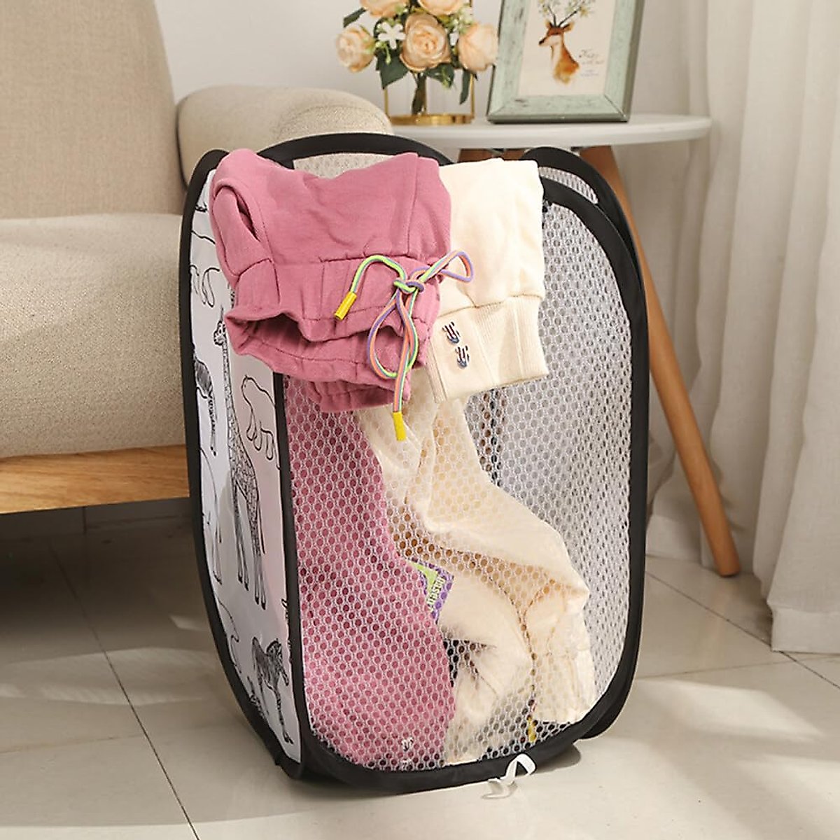 Handy Laundry Collapsible Mesh Pop Up Hamper Cartoon Animals Laundry Basket with Wide Opening and Side Pocket ¨C Breathable, Sturdy, Foldable, and Space-Saving Design (White)