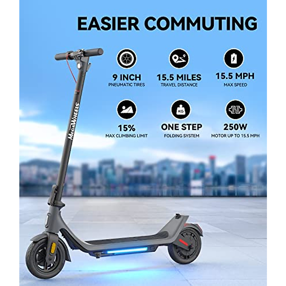 MEGAWHEELS Electric Scooter Adults, 9" Pneumatic Tubeless Tires, 15.5 Miles Range with 250W Motor, 15.5MPH Foldable Commuting E Scooter for Adults