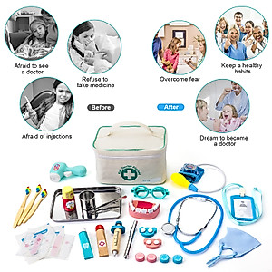 Juboury Doctor Kit for Kids 34Pcs Toy Medical Kit with Stain Steel Stethoscope, Flashlight, Tray, Iodine Cup, Wooden Accessories, Dress Up Costume and Doctor Bag for Kids, Girls, Boys, Toddlers