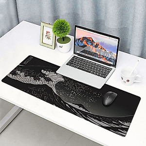 Japanese Sea Wave Large Mouse Pad Extended The Great Wave Gaming Mouse Pad Kanagawa Mousepad with Stitched Edges Keyboard Mouse Mat 3mm for Home Office 31.5 x 11.8 Inch, Black