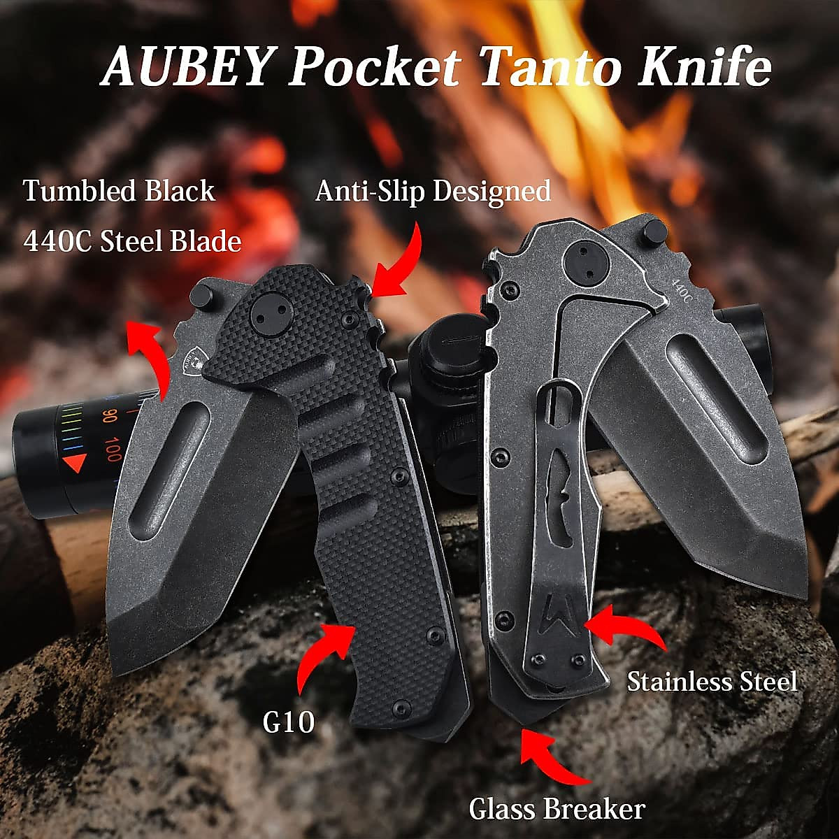AUBEY Folding Pocket Knife with Tanto Tumbled Black 440C Steel Blade, Liner Lock, G10 Steel Handle, Clip, Glass Breaker, EDC Tool Knife for Men Hunting, Magic Axe