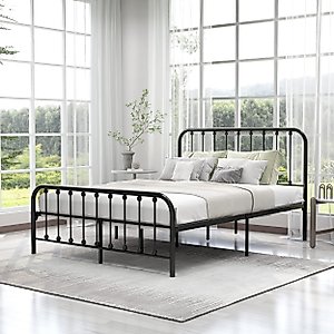 alazyhome Queen Size Metal Platform Bed Frame with Headboard and Footboard Sturdy Heavy Duty Steel Slat Support No Box Spring Needed Easy Assembly Black