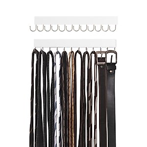 StorageWorks Belt Organizers for Wall, Wooden Belt Holder, Belt Storage with 12 Hooks, Tie Rack Wall Mounted, Belt and Tie Organizer for Closet, White, 2 Pack