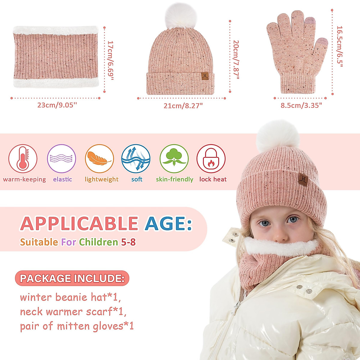 Toddler Kids Winter Hats Touchscreen Gloves Scarfs Set Pompom Beanie Caps Neck Warmer with Fleece for 5-8 Years Old Baby Girls Boys Gifts