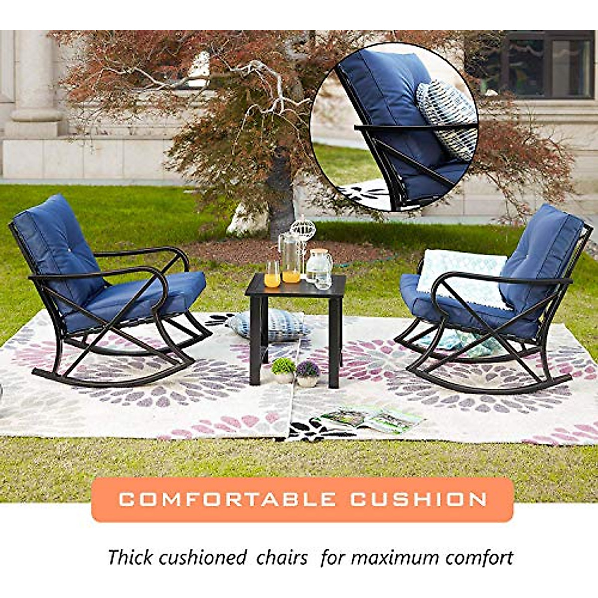 LOKATSE HOME 3-Piece Outdoor Patio Rocking Steel Furniture Bistro Set with 2 Rocker and 1 Metal Square Coffee Table(Blue Thickened Cushion)