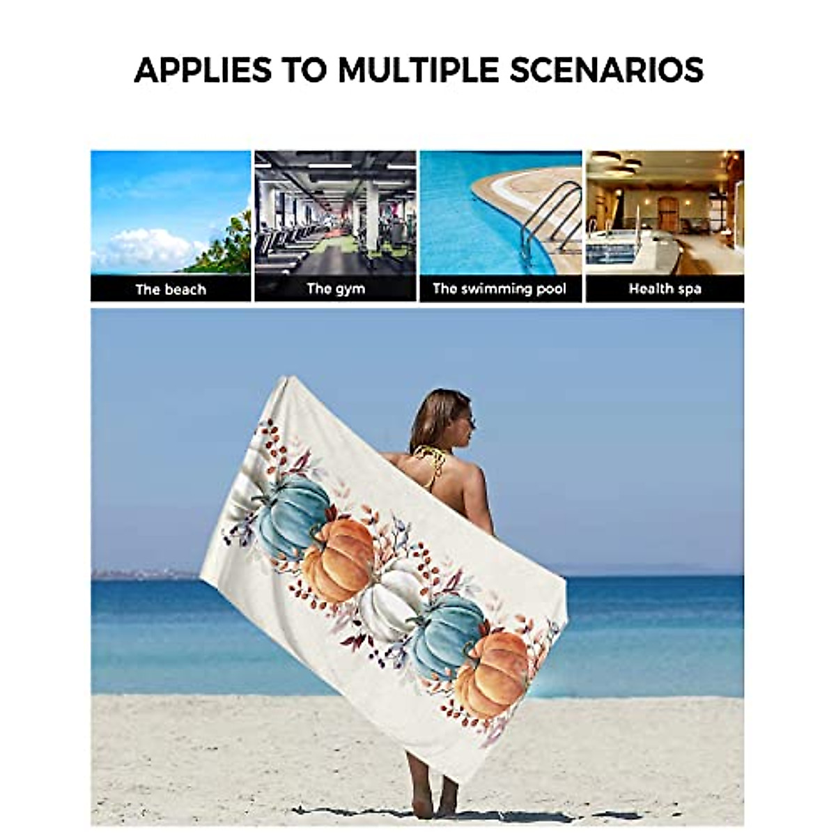 Fall Burlap Bathroom Towel Set,Microfiber Bath Kitchen Beach Hand Dish Towels Set,Quick Dry Luxury Soft Decorative Towels+Set Clearance Bulk Decor(3-PC) Teal Orange White Pumpkin Eucalyptus Leaves