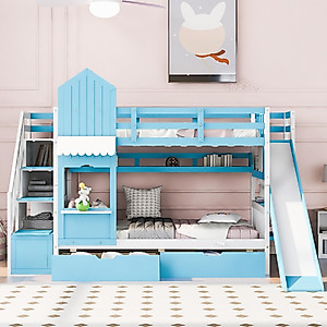 Kids Bunk Bed with Stairs and Slide, Wood Twin Over Twin Bunk Bed with Storage Drawers and Shelves, Castle Style Bunk Beds for Kids Teens Girls Boys, Blue