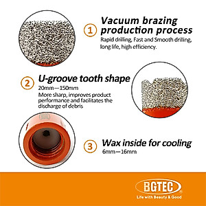 BGTEC 6pcs Dry Diamond Core Drill Bits Set for Porcelain Tile Ceramic Marble Brick Hole Saw Mixed 6/8/10/25/35/50MM