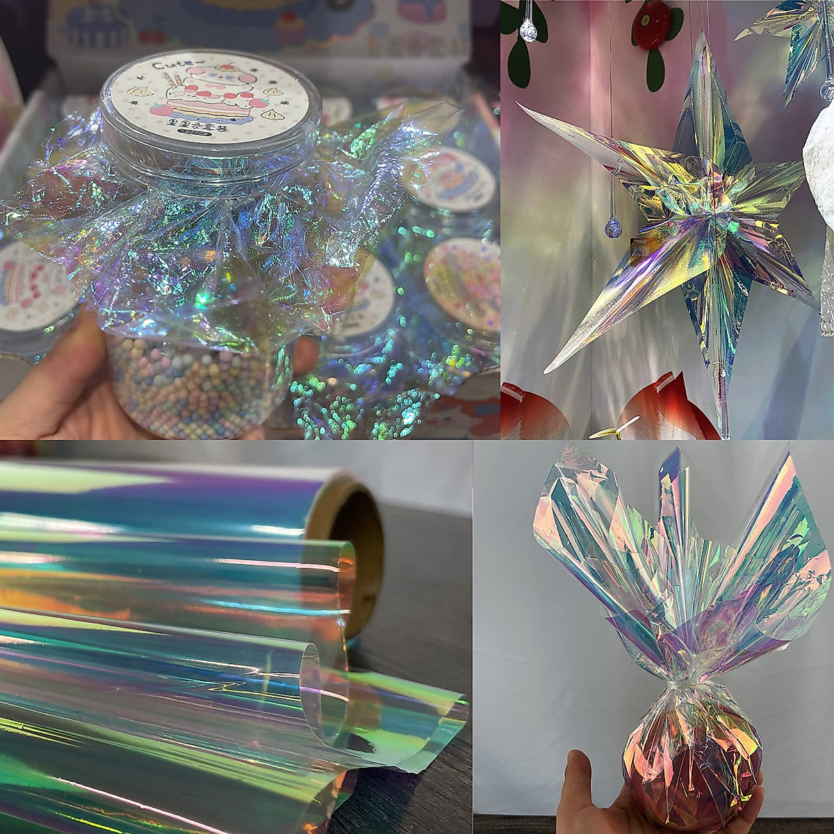 Giiffu Iridescent Film Cellophane Wrap Roll 34 In Wide X 50 Ft Long Gift Wrapping Paper Roll for Basket, Gifts, Flower, Candy, Treats, Birthday Holiday Party DIY Arts Crafts Decoration