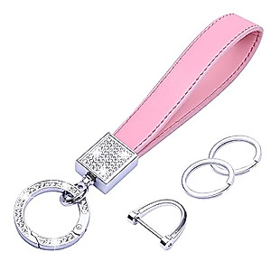 Wisdompro Bling Leather Car Keychain, Universal Genuine Leather Car Keys Keychain Key FOB Keychain, Key Chains Women for Car Keys with Anti-lost D-ring and 2 Keyrings - Pink