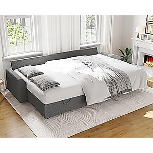 PaPaJet Pull Out Sofa Bed, Modern Tufted Convertible Sleeper Sofa, L Shaped Sofa Couch with Storage Chaise, Boucle Sectional Couch Bed for Living Room (Grey)