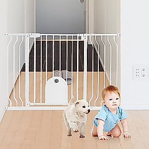 Baby Gate for Stairs with Cat Door - Baby gate with Pet Door Auto Close 29.5"-48.5" Safety Metal Dog Gate for Door Way/Stairs/House/Walk Through with Includes 2 Extension Pieces and 4 Wall Cups