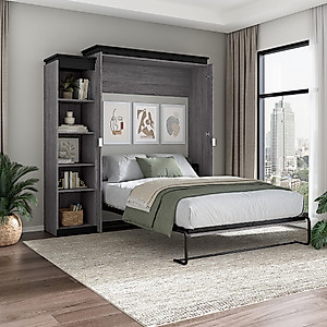 Bestar Orion Queen Murphy Bed with Shelves (87W) in Bark Grey and Graphite, Sleeping Arrangement with Storage