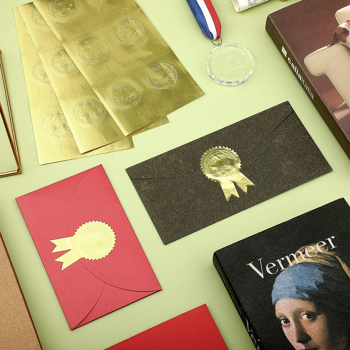 Zonon 200 Pieces Ribbon Embossed Seal and Gold Foil Certificate Seal Embossed of Achievement Ribbon Certificate Seals Stickers Envelope Gold Award Stickers