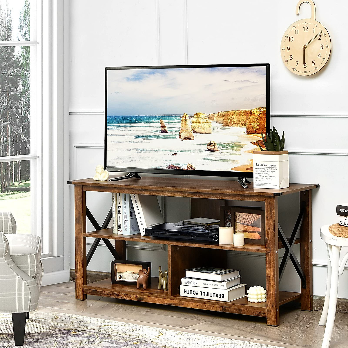 Tangkula Wood TV Stand with Open Shelves and X-Shaped Frame, 3 Tier Entertainment Center for 55-Inch TV, Farmhouse TV Console Table, Open TV Stands for Living Room Bedroom (Brown)