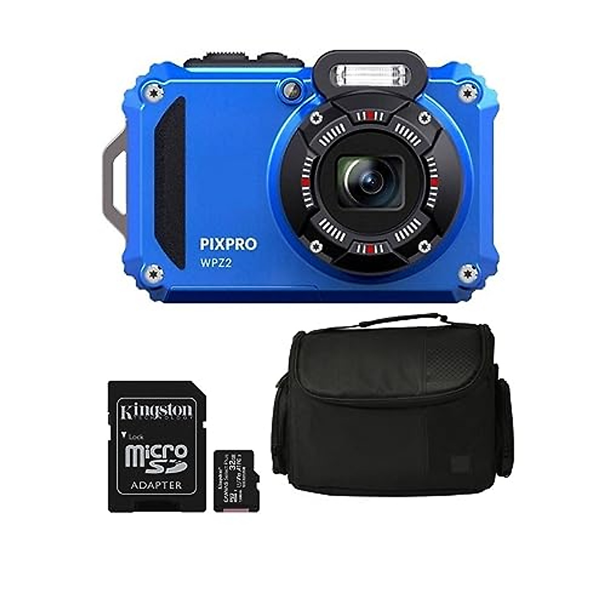 Kodak PIXPRO WPZ2 Rugged Waterproof 16MP Digital Camera with 4X Zoom (Blue) Bundle with Case and 32GB MicroSD Card Bundle (3 Items)