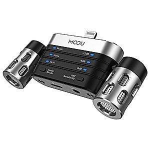MOOU RHK26 Portable Microphone for iPhone/iPad, Dual Track Digital Stereo Condenser Microphone, 180°Rotatable & 3 Modes+Mic Sensitivity Adjust for Recording, MFi Certified Professional Microphone