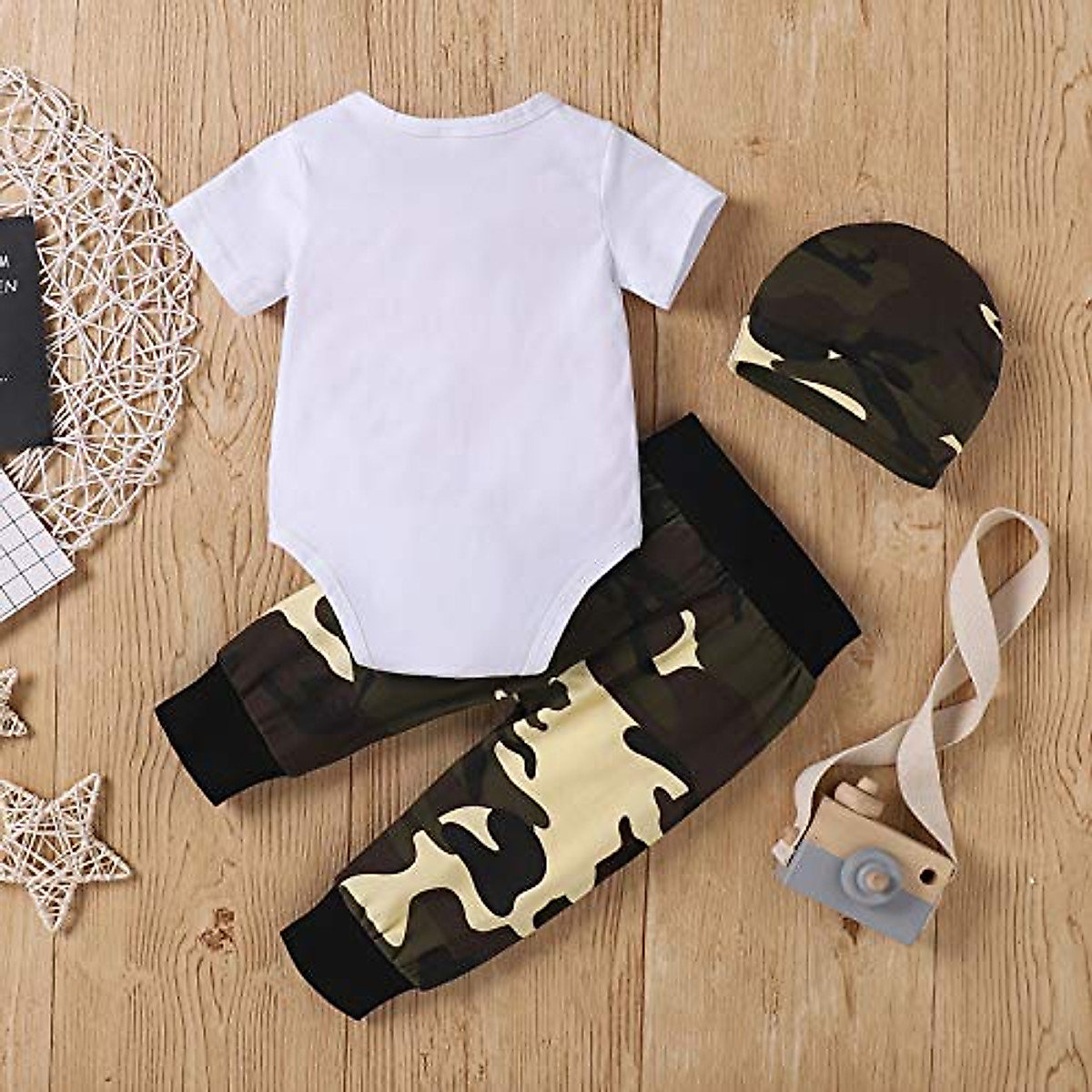 Tikoubabe Baby Boy Clothes Stuff Infant Summer 3 Piece Outfits Newborn Cute Letter Printed Romper Short Sleeve + Pants + Hat Funny Letter Printed Straps Camo 70cm