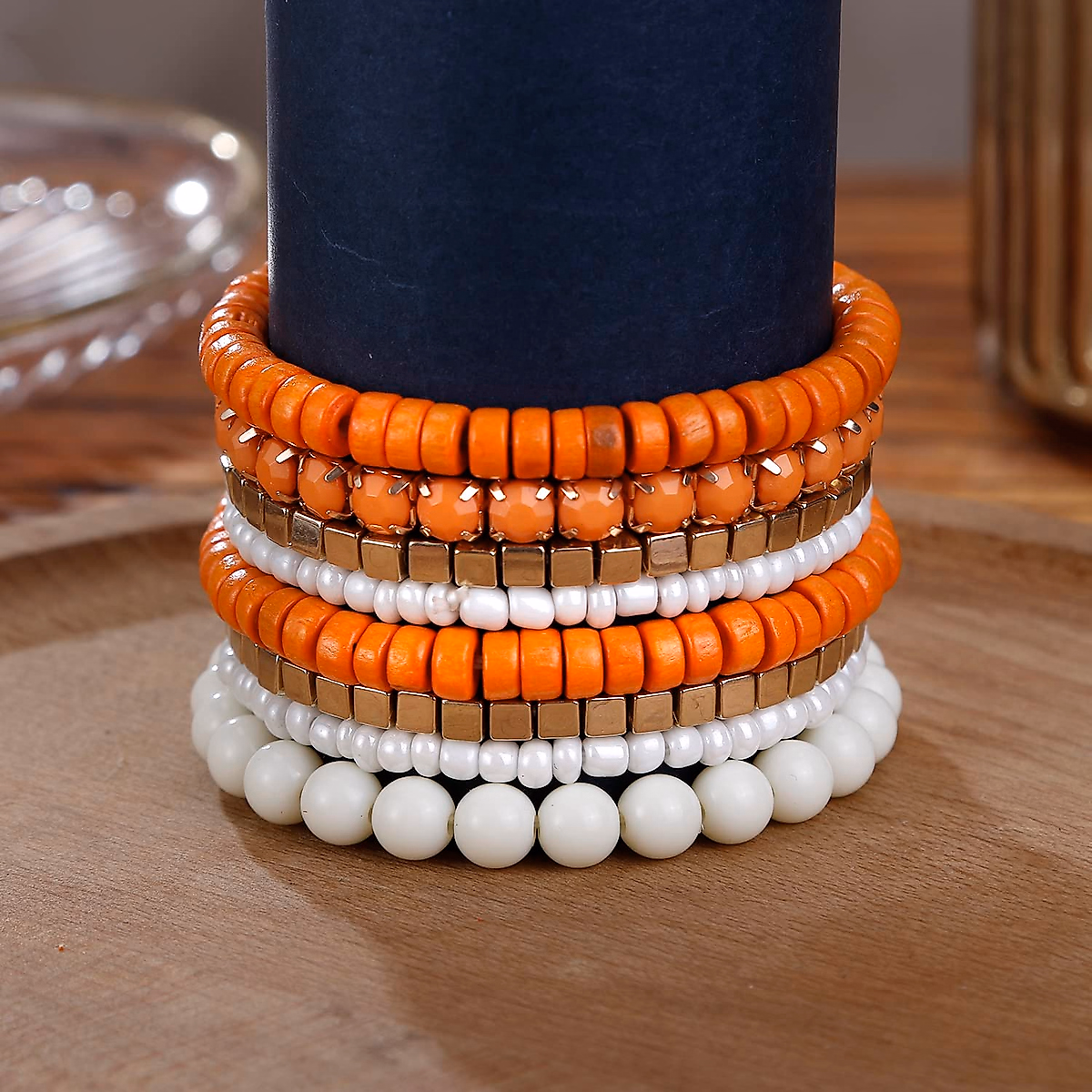 LUREME Bohemian Beads Cube Multi Strand Stretch Stackable Bangle Bracelet Set-Orange (bl003172-2)
