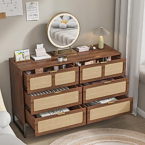 Rattan 6 Drawer Dresser Mid Century Modern Dresser Chest of Drawers Boho Farmhouse 6 Drawer Cabinet with Wide Drawers Metal Legs Storage Dressers Chest for Bedroom, Living Room