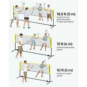 SONGMICS 16.5 ft Badminton Net, Height Adjustable Volleyball Net, Pickleball Net with Poles, Foldable Nylon Net for Tennis Indoor Outdoor Court, Yellow and Black USYQ500Y