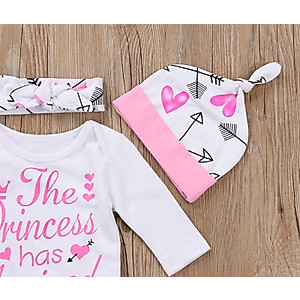 FOCUSNORM 4 pcs Baby Girls Pants Set Newborn Infant Toddler Letter Romper Arrow Heart Pants Hats Headband Clothes Pink