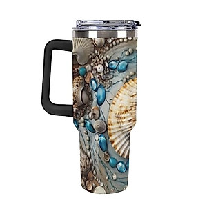 LPSADGF Ocean Shell Art Insulated Stainless Steel Travel Mug, 40 Oz Tumbler with Handle And Straw Double-Wall Vacuum Coffee Cup, Leak-Proof Lid, Keeps Drinks Hot/Cold for Hours