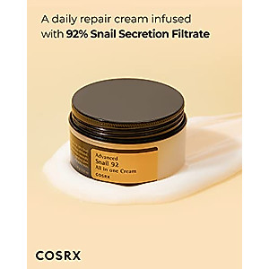 COSRX Snail Mucin 92% Repair Cream 3.52 oz, 100g, Daily Face Gel Moisturizer for Dry Skin, Acne-prone, Sensitive Skin, Not Tested on Animals, No Parabens, No Sulfates, No Phthalates, Korean Skincare