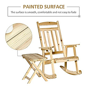 Outsunny 2 Piece Wooden Rocking Chair & Folding Outdoor Table Set, Front Porch Rocker with Armrests and High Back for Outside, Natural