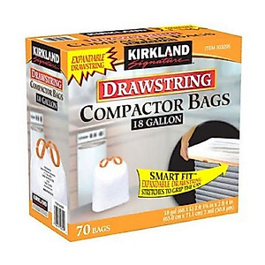 Kirkland Signature Compactor Bags 18 Gallon Smart Fit Gripping Drawstring 70 ct ,Thickness: 2.0 mil,Dimensions: 25.625" x 28"