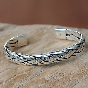 NOVICA Artisan Handmade Sterling Silver Cuff Bracelet Braided from Bali No Stone Indonesia Aluminum Gray [6 in L (end to End) x 0.4 in W] ' Singaraja Weave'