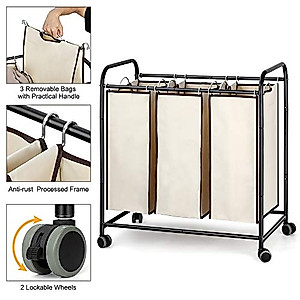 3-Bag Laundry Hamper Sorter Black 3 Section Rolling Dirty Clothing Organizer Cart, Triple Laundry Basket with Heavy Duty Lockable Wheels and Three Removable Laundry Bags, for Bathroom Living Room