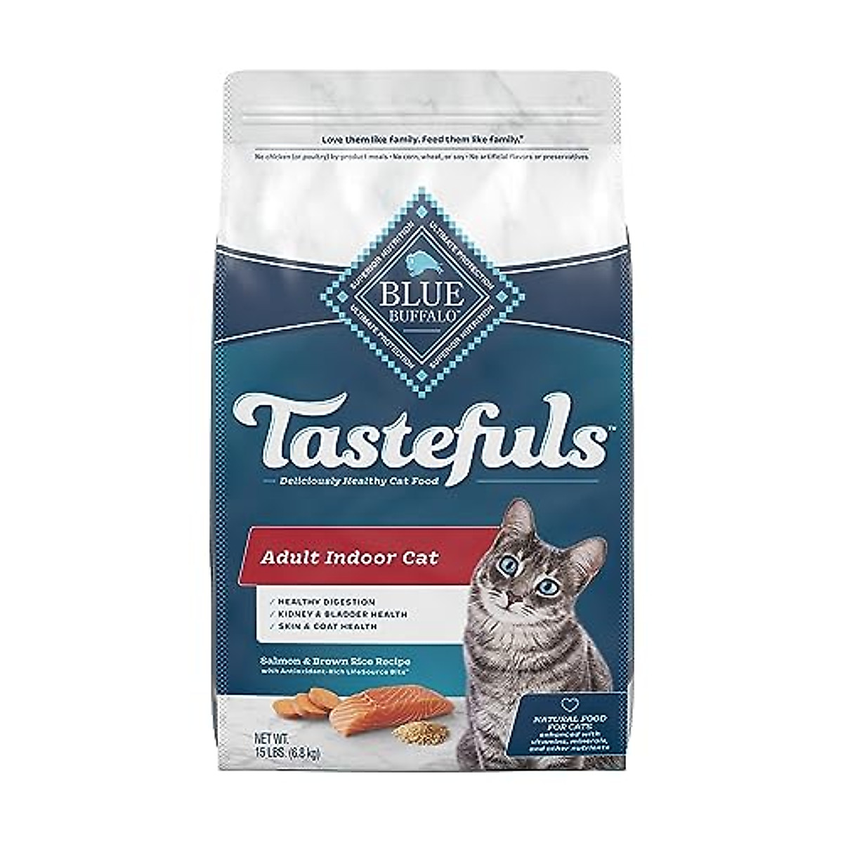 Blue Buffalo Tastefuls Natural Dry Food for Adult Indoor Cats, Salmon & Brown Rice Recipe, 15-lb. Bag