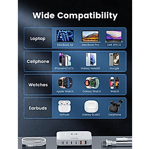 100W USB Charging Station with 15W Wireless Charger, Marnana 6-in-1 Multiple USB Ports(2 USB A and 4 USB C Ports) GaN Desktop Charger for iPhone iPad MacBook Laptop Samsung and Android Devices