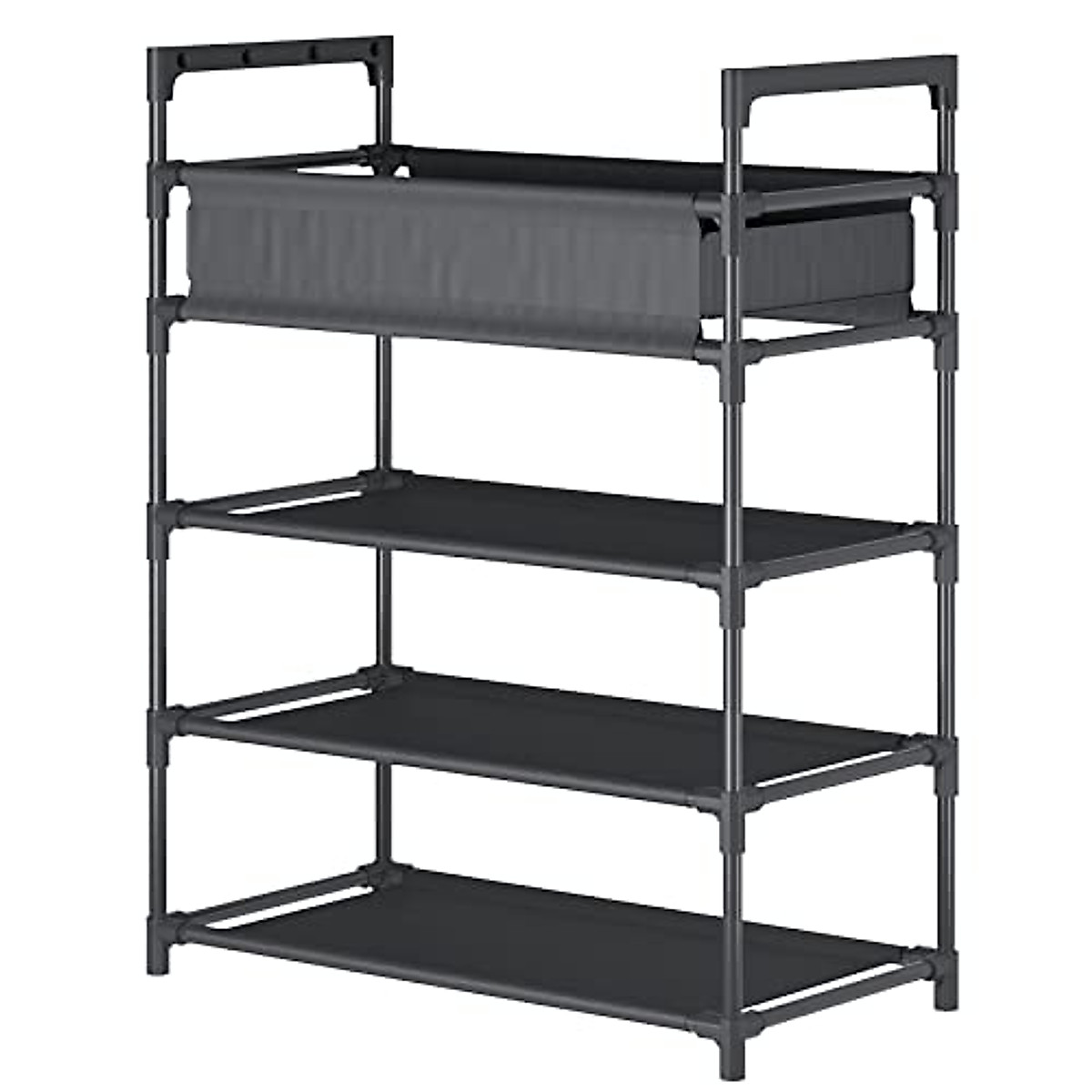 Boeeoan 4-Tier Stackable Shoe Rack Plus Storage Bag, sturdy Shoe Shelf, Non-woven Fabric Shoe Shelf with Storage Organizer, Black