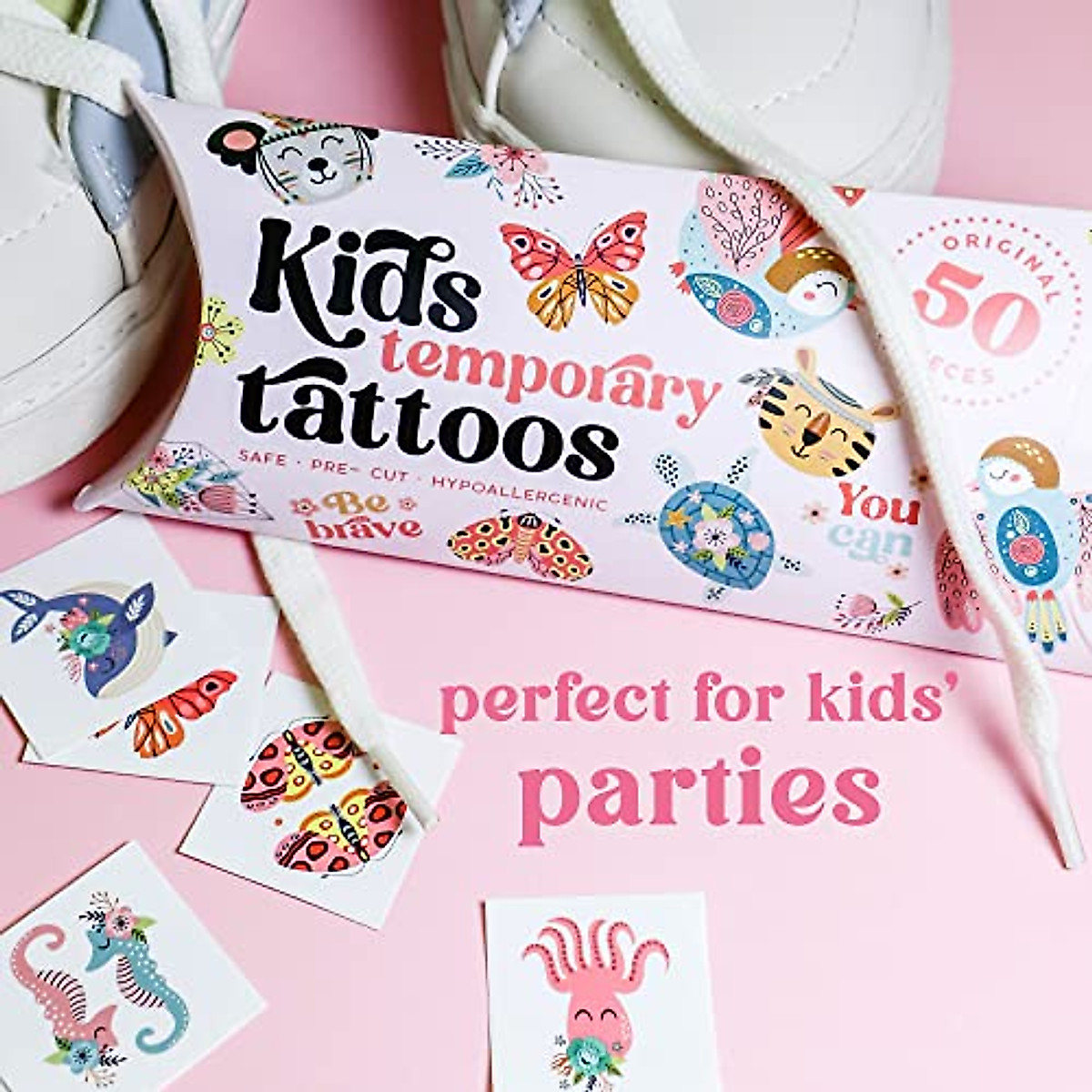 Kids Temporary Tattoos - Made in Europe Hypoallergenic, Pre-Cut, 50 Pcs Original Kid Tattoos, Designs with Sea World, Butterflies, Flowers, Motivational Words - Gift Tattoos for Boys and Girls