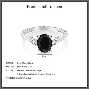 Gem Stone King 10K White Gold Black Onyx and White Created Sapphire 3 Stone Engagement Ring For Women (1.35 Cttw, Gemstone Birthstone, Available In Size 5, 6, 7, 8, 9)