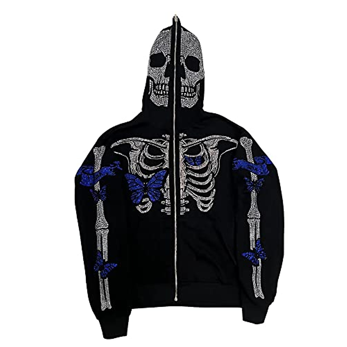 Men Rhinestone Hoodies Y2k Full Zip Up Hoodies Women Oversized Skull Skeleton Graphic Sweatshirt Zip Over Face Gothic Jackets (Blue, L)