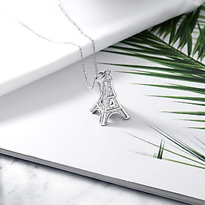 Gem Stone King France Eiffel Tower Pendant Necklace for Women | White Zirconia Set in 925 Sterling Silver | 0.5 Inch | with 18 Inch Complimentary Chain