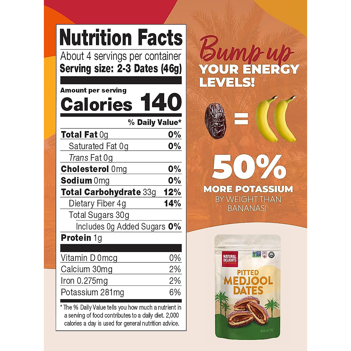 Natural Delights Medjool Dates – Large & Plump Pitted Dates Medjool, Non-GMO Verified, Pesticide Free, Naturally Sweet Fruit Snack, Perfect for On-the-Go - Medjool Dates Pitted, 8 oz Bag