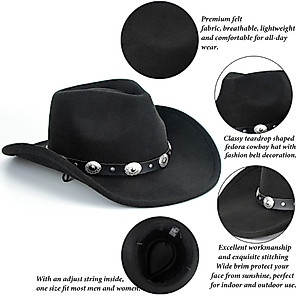 Women & Men Felt Western Cowboy Hat Classic Roll Up Brim Belt Buckle Cowgirl Fedora (M-L)