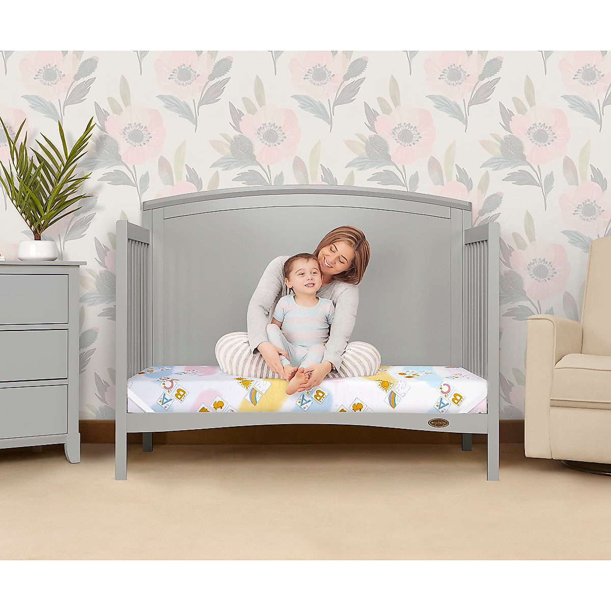 Dream On Me Asheville 4” Firm Fiber Crib and Toddler Mattress, Waterproof, GreenGuard Gold Certified, Dual-Sided , White Embossed Cover, Lightweight Reversible Design