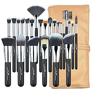 JAF 24pcs Professional Black Makeup Brushes Set with Case Vegan Synthetic Make Up Brushes Set in Gold Bag Holder Cosmetic Big Makeup Brushes & Tools Kit for Face Contour Foundation - J2404YC-B