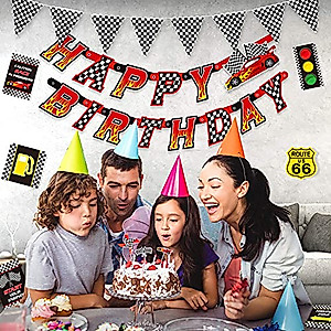 DECORLIFE Race Car Birthday Party Decorations, Car Theme Party Supplies Includes Checkered Flag Banner, Balloons, Hanging Swirls, Photo Booth Props, Traffic Signs, Racing Car Garland, Total 70PCS